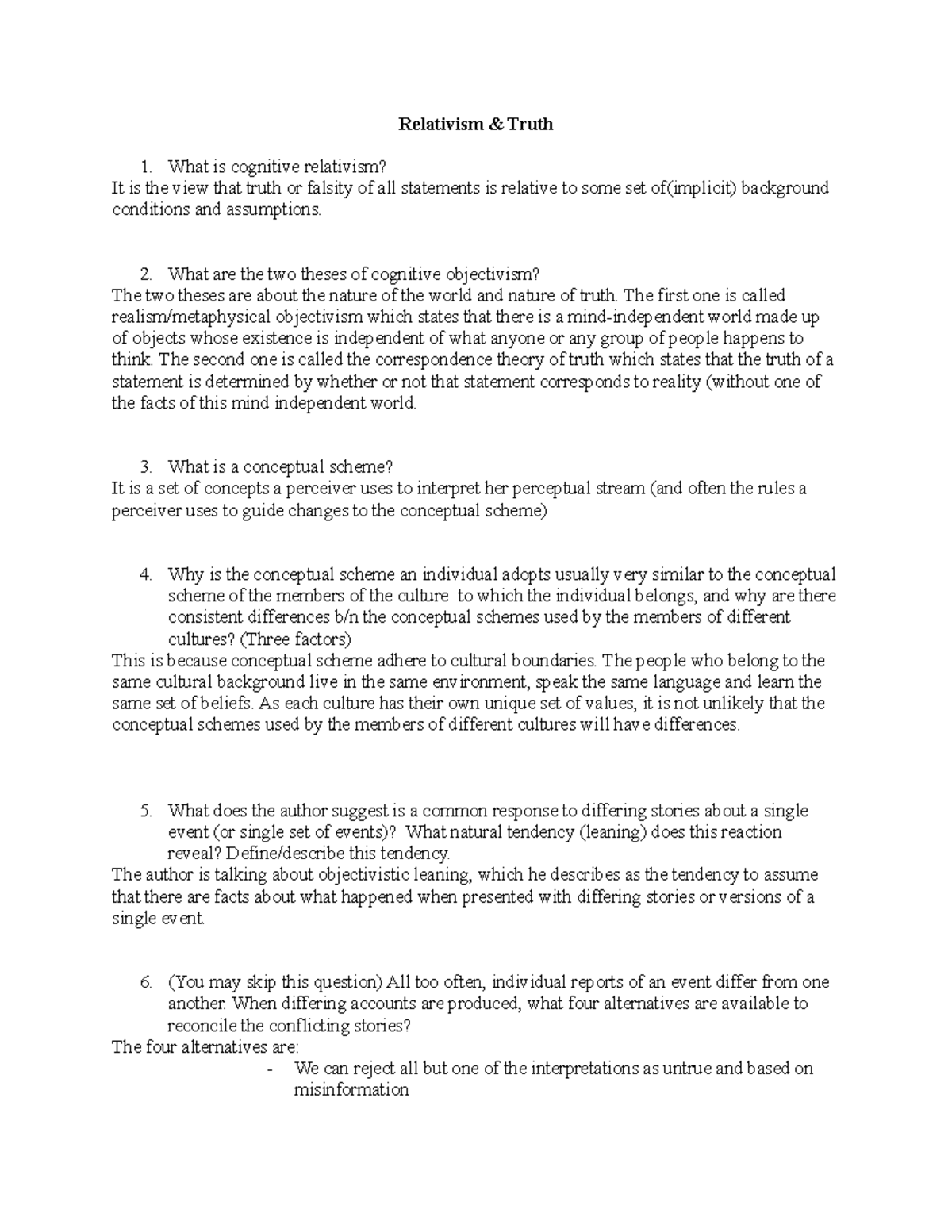 Questions - Relativism - B - Relativism & Truth What is cognitive ...