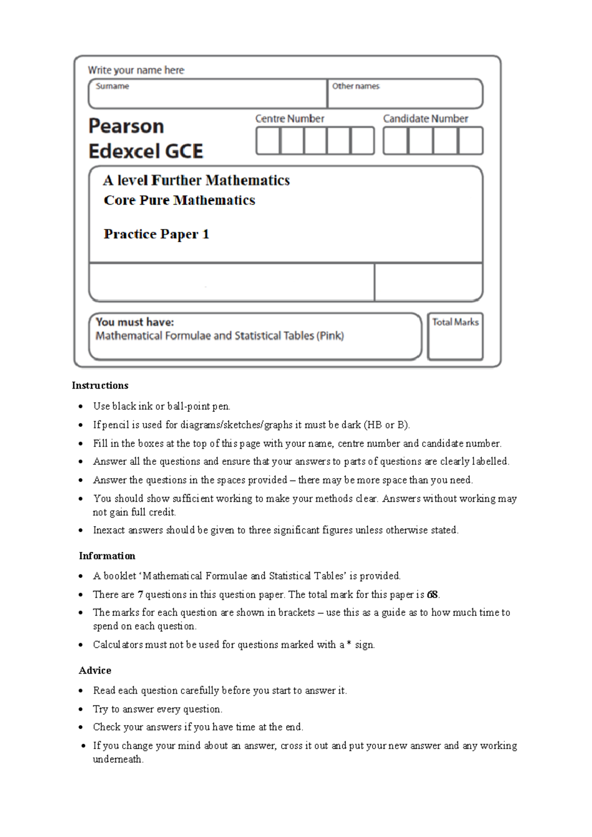 Practice Paper 1 - for students - Instructions Use black ink or ball ...