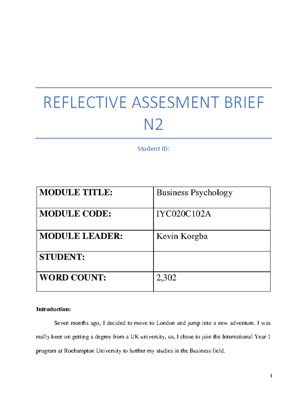 Sample Reflective Essay Assessment 2 - REFLECTIVE ASSESMENT BRIEF N ...