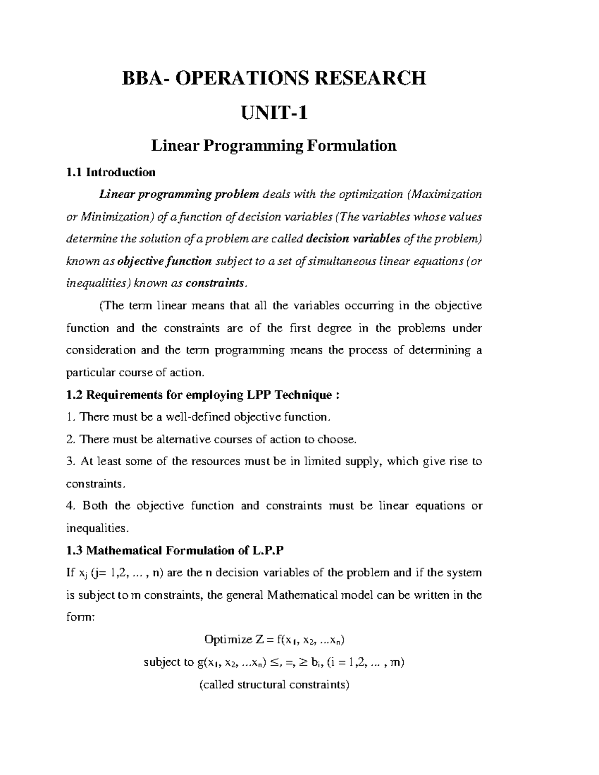 Op res - OR TEXT BOOK REFERENCE - BBA- OPERATIONS RESEARCH UNIT- Linear Programming Formulation ...