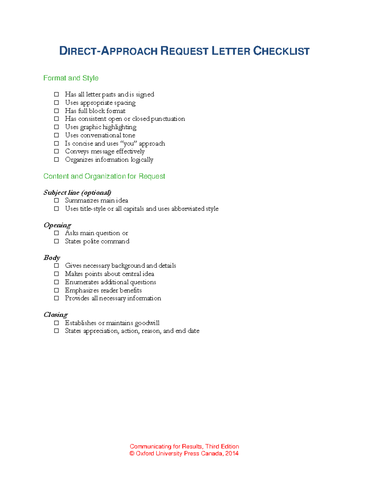 Request letter (direct approach) checklist - Communicating for Results ...