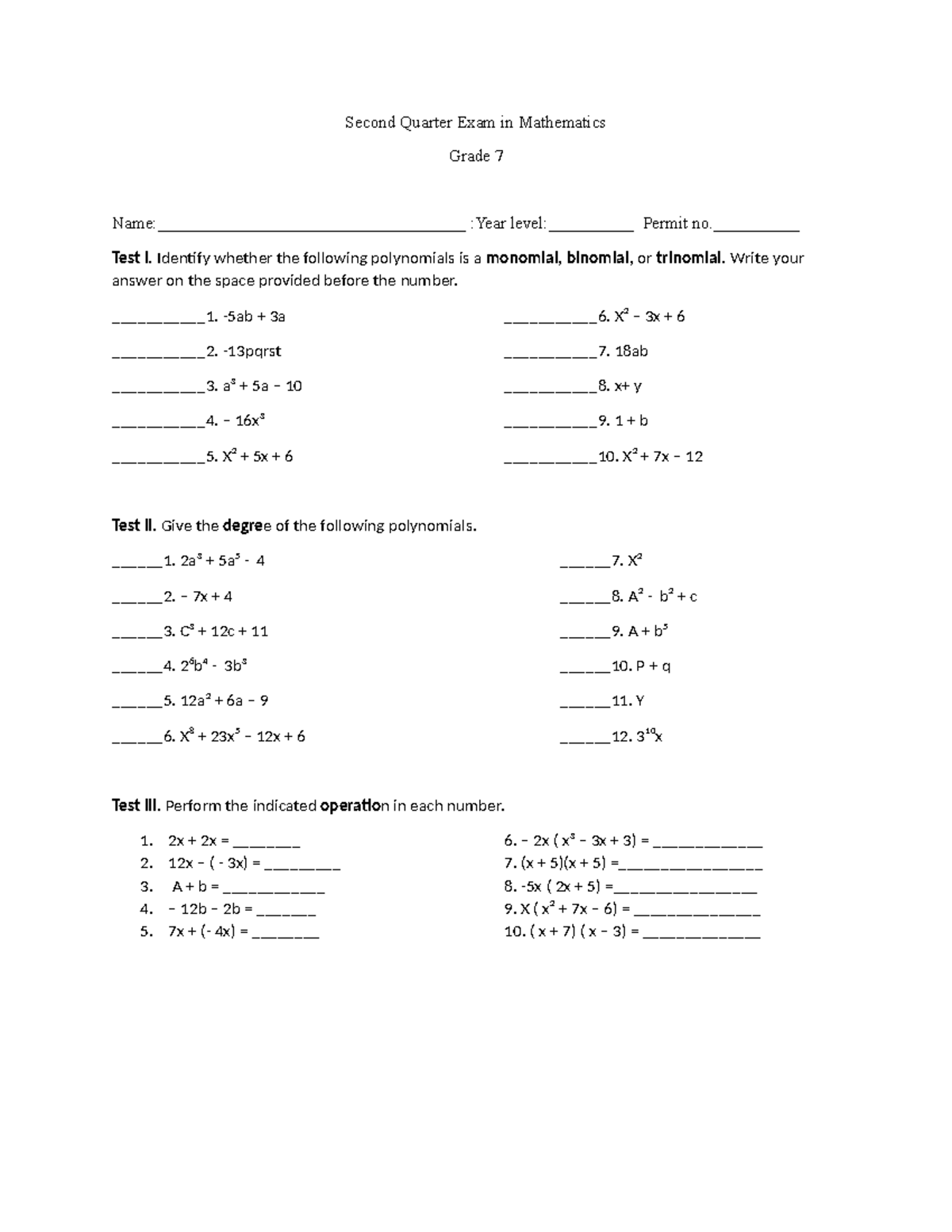 Math 7 - Q2 - Second Quarter Exam in Mathematics Grade 7 Name