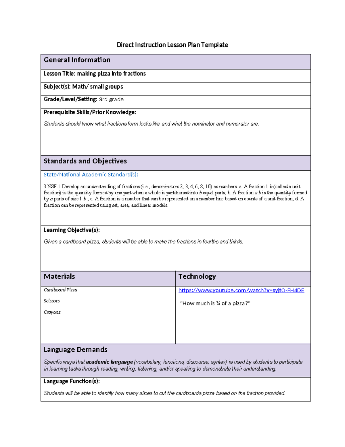 Math Methods C381 Task 1 - Direct Instruction Lesson Plan Template General Information Lesson ...