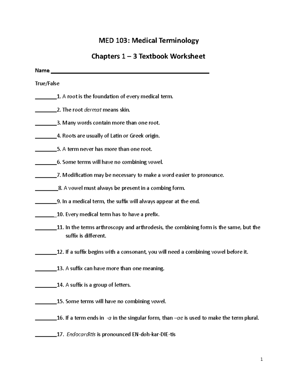 Medical Terminology Paper - 1 MED 103: Medical Terminology Chapters 1 ...