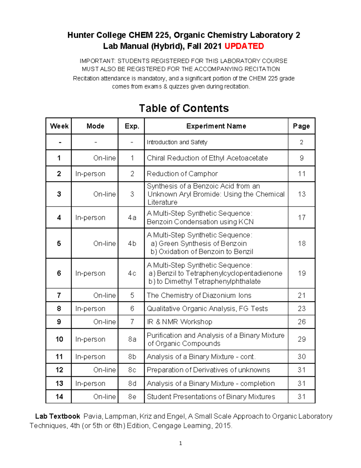 CHEM 225 LAB Manual- Updated - Hunter College CHEM 225, Organic ...
