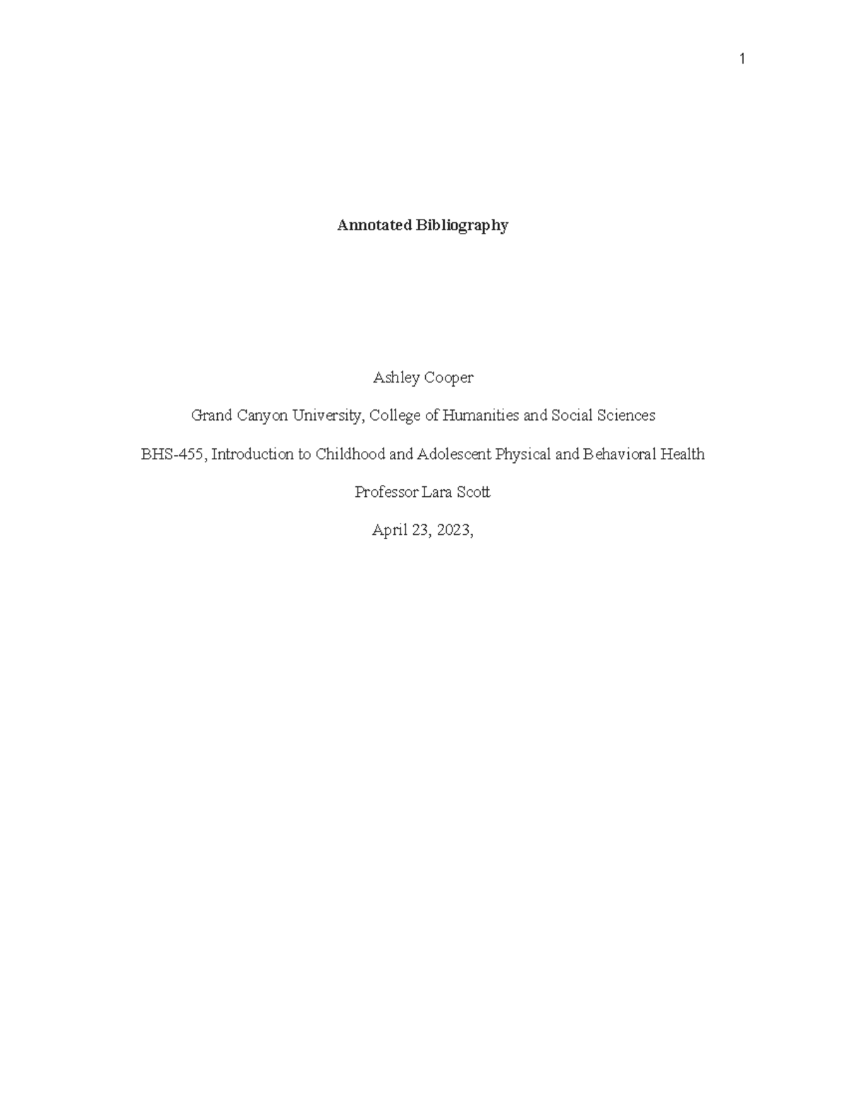 Annotated Bibliography-BHS455 - Annotated Bibliography Ashley Cooper ...