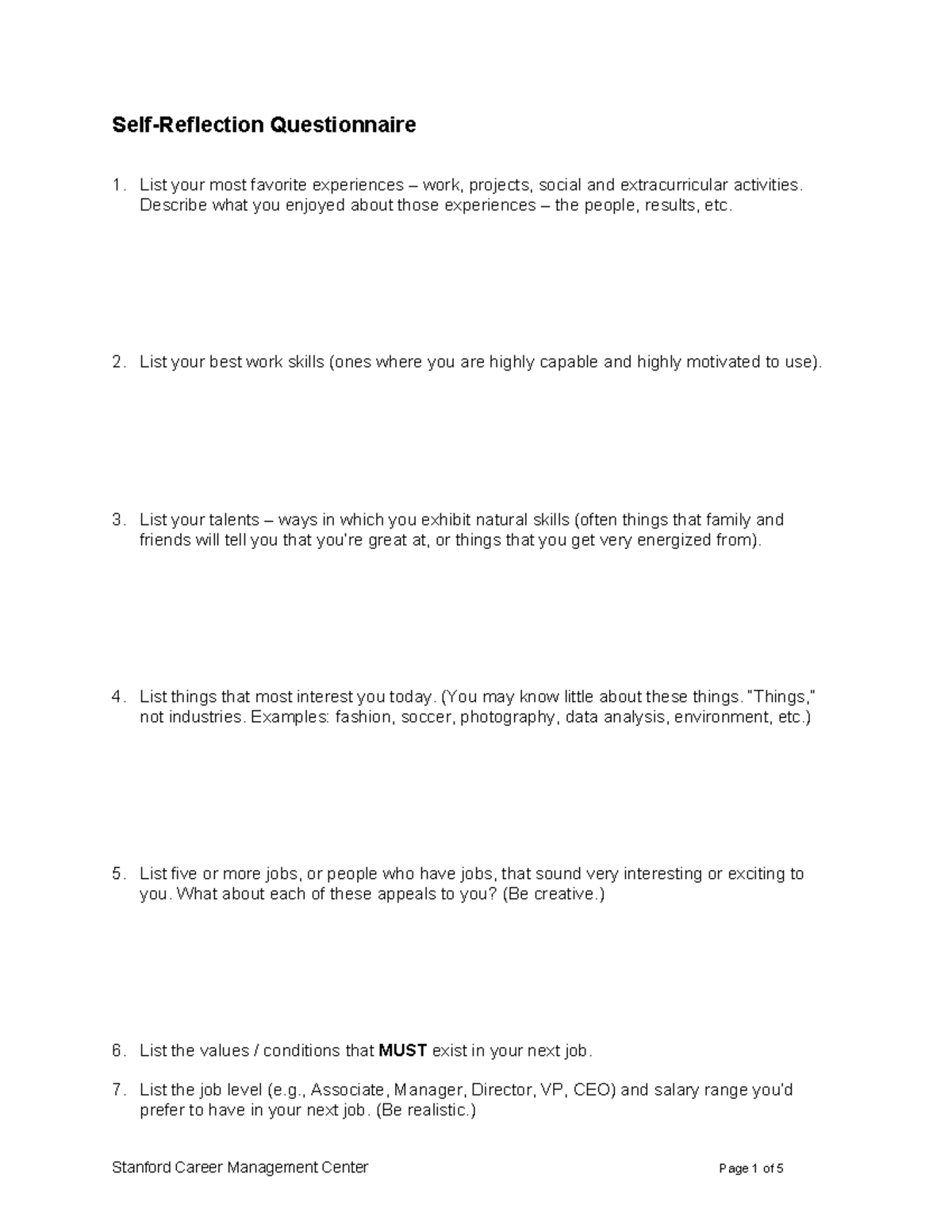 Self-reflection-questionnaire - Self-Reflection Questionnaire 1. List ...