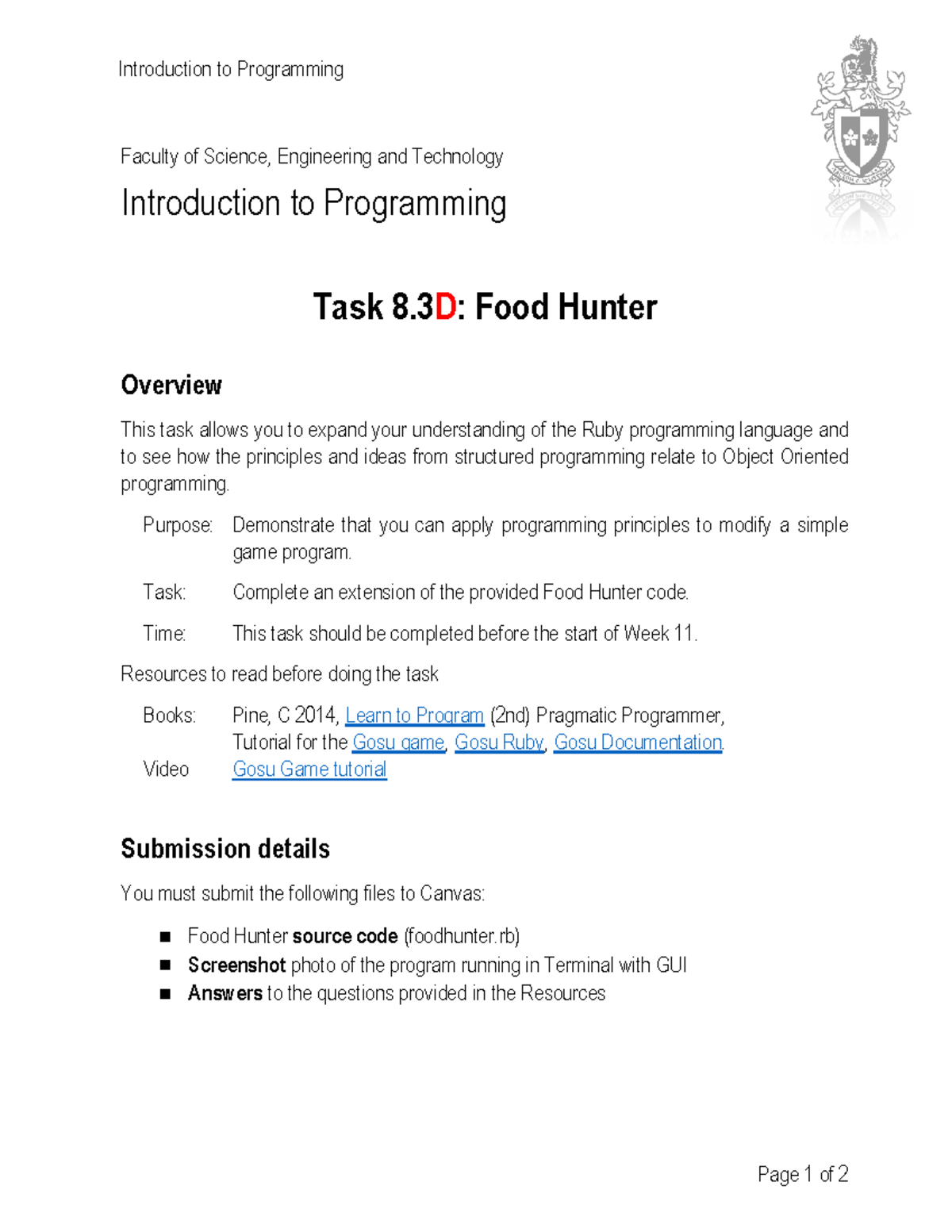 8 - Tutorial - Introduction to Programming Task 8. Food Hunter Page 1 ...