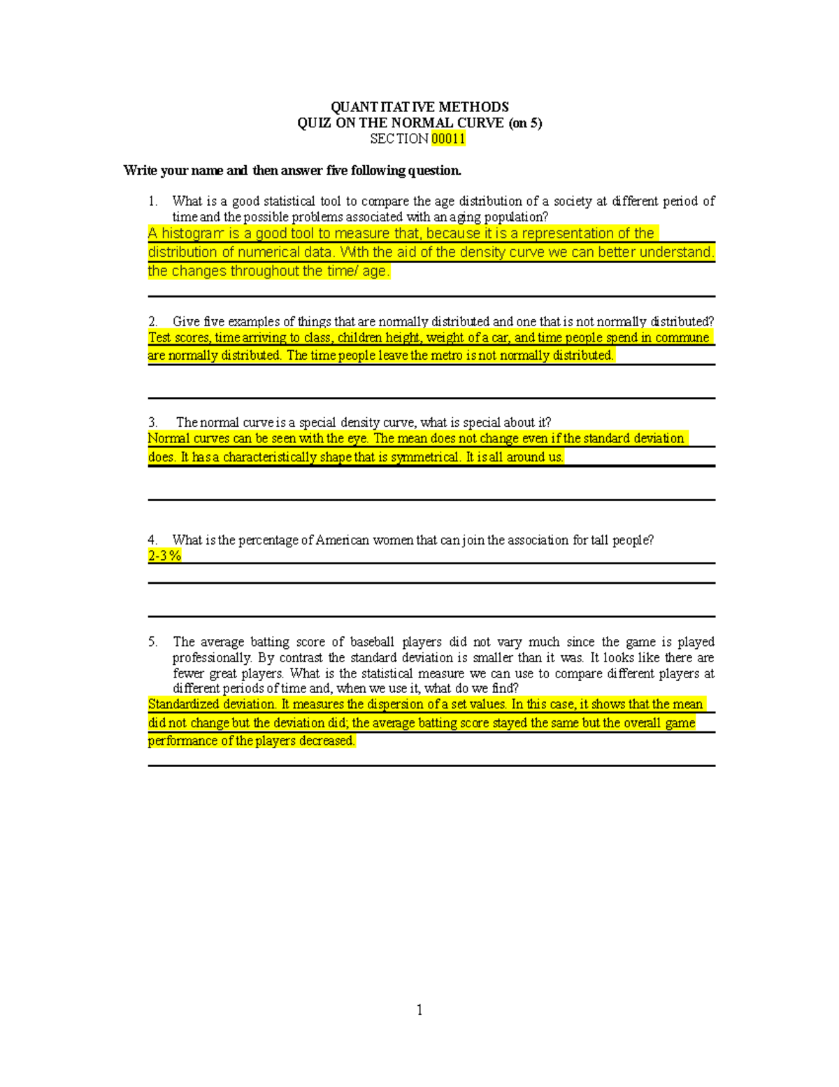 QUIZ 1 on the normal curve - QUANTITATIVE METHODS QUIZ ON THE NORMAL ...