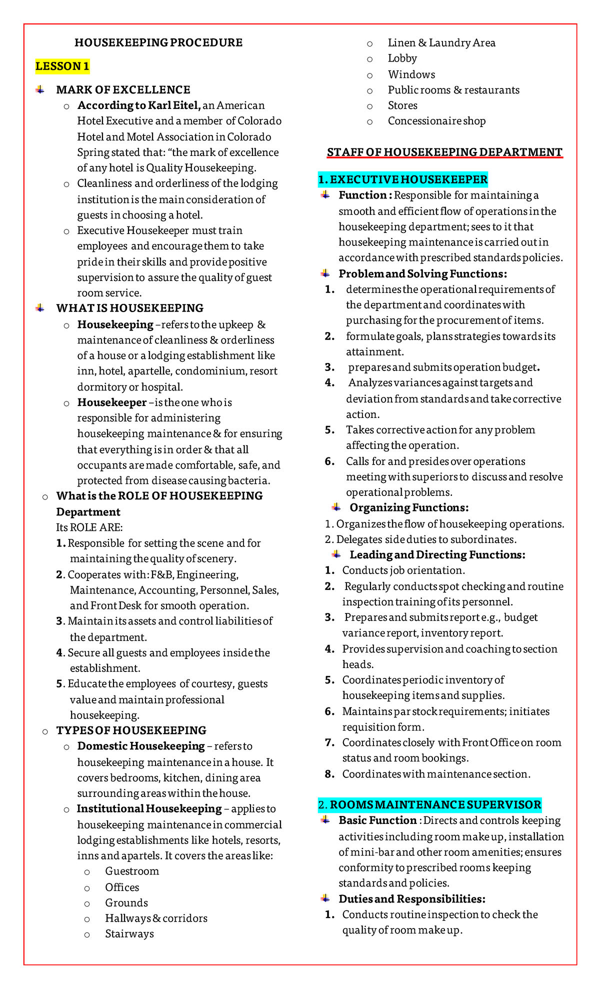 Housekeeping Procedure Reviewer - HOUSEKEEPING PROCEDURE LESSON 1 MARK ...