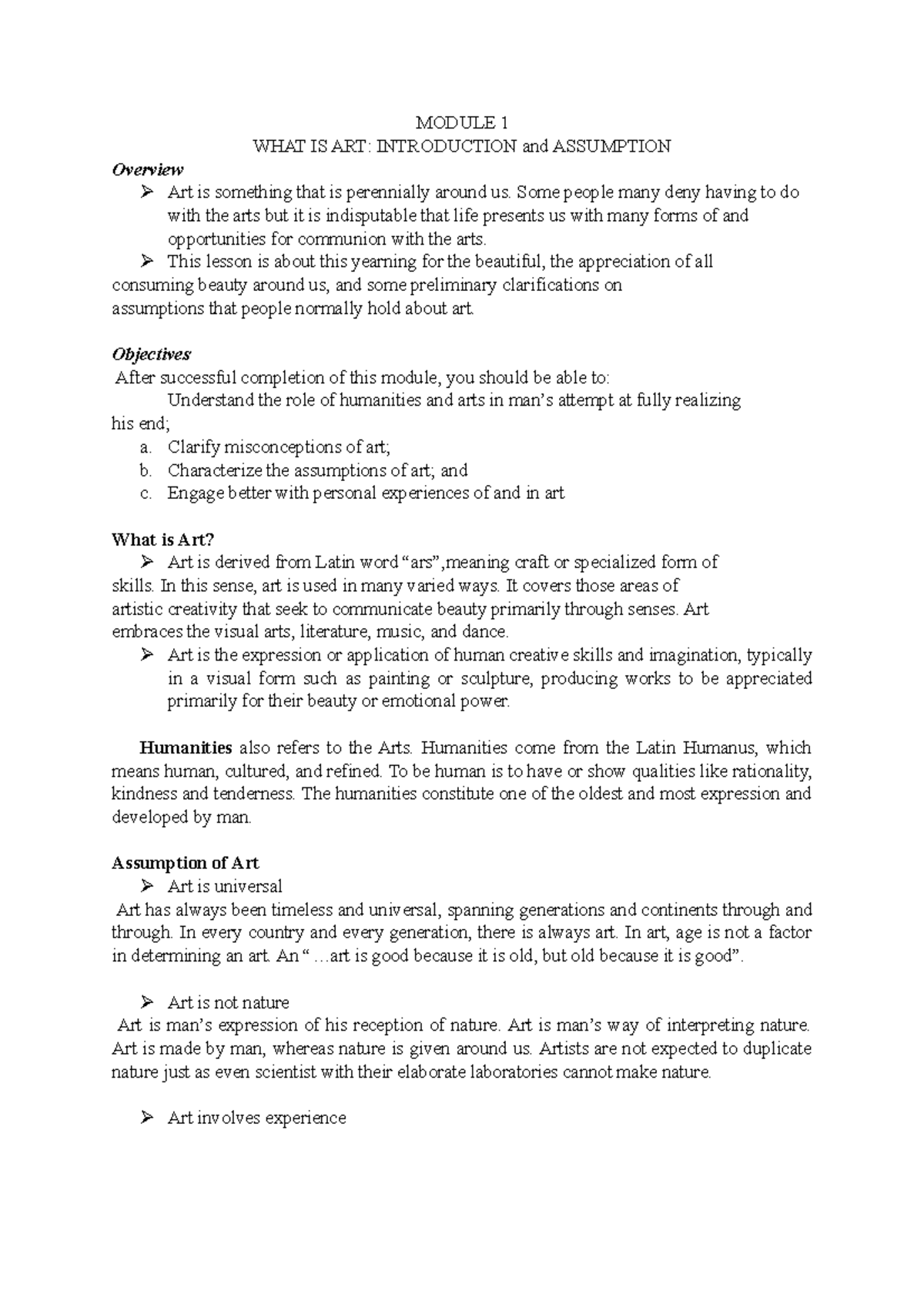 Reading-VA-Material - GUD LUCK - MODULE 1 WHAT IS ART: INTRODUCTION and ASSUMPTION Overview Art ...