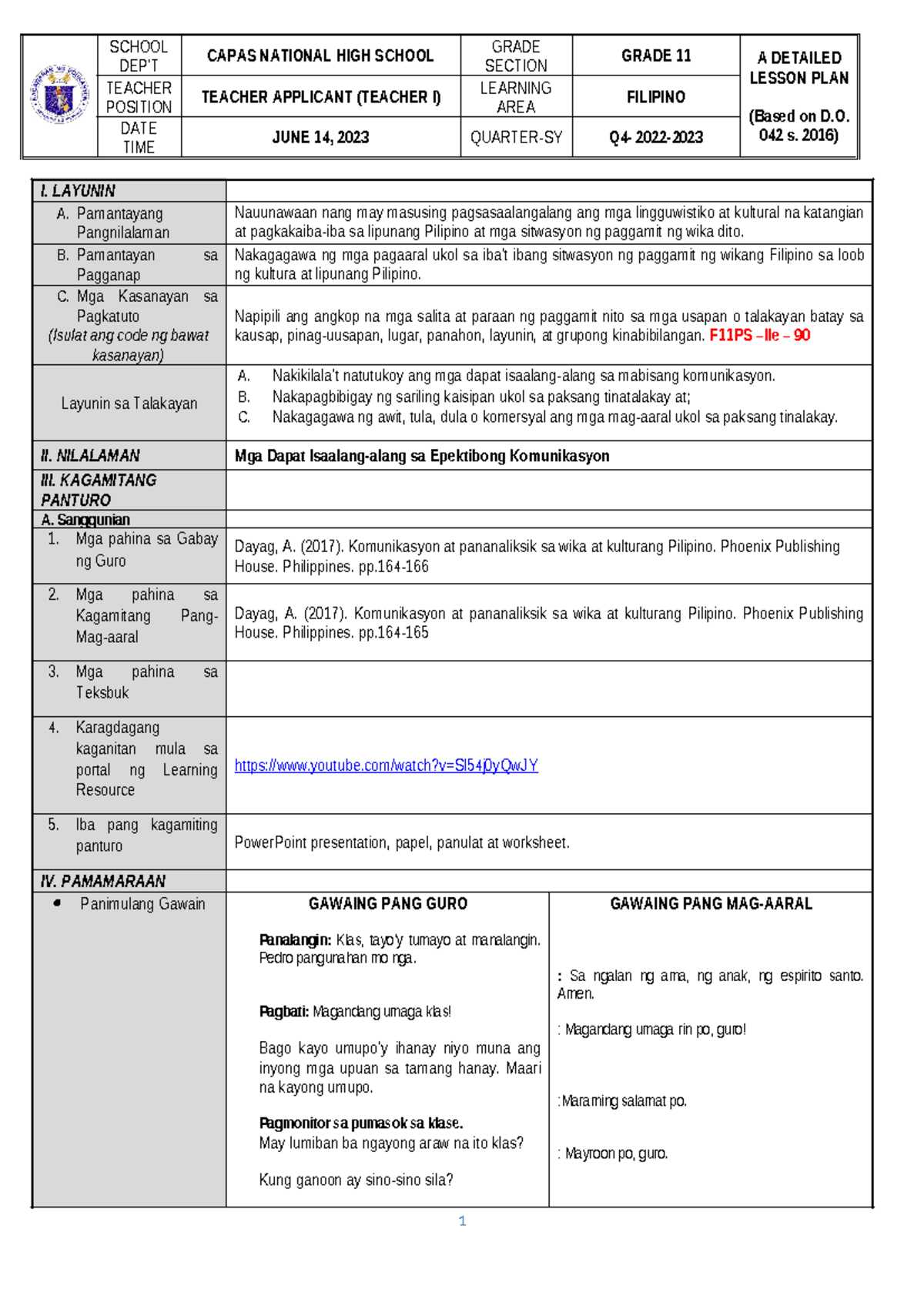 DLP for DEMO SHS - I. LAYUNIN A. Pamantayang Pangnilalaman Nauunawaan ...