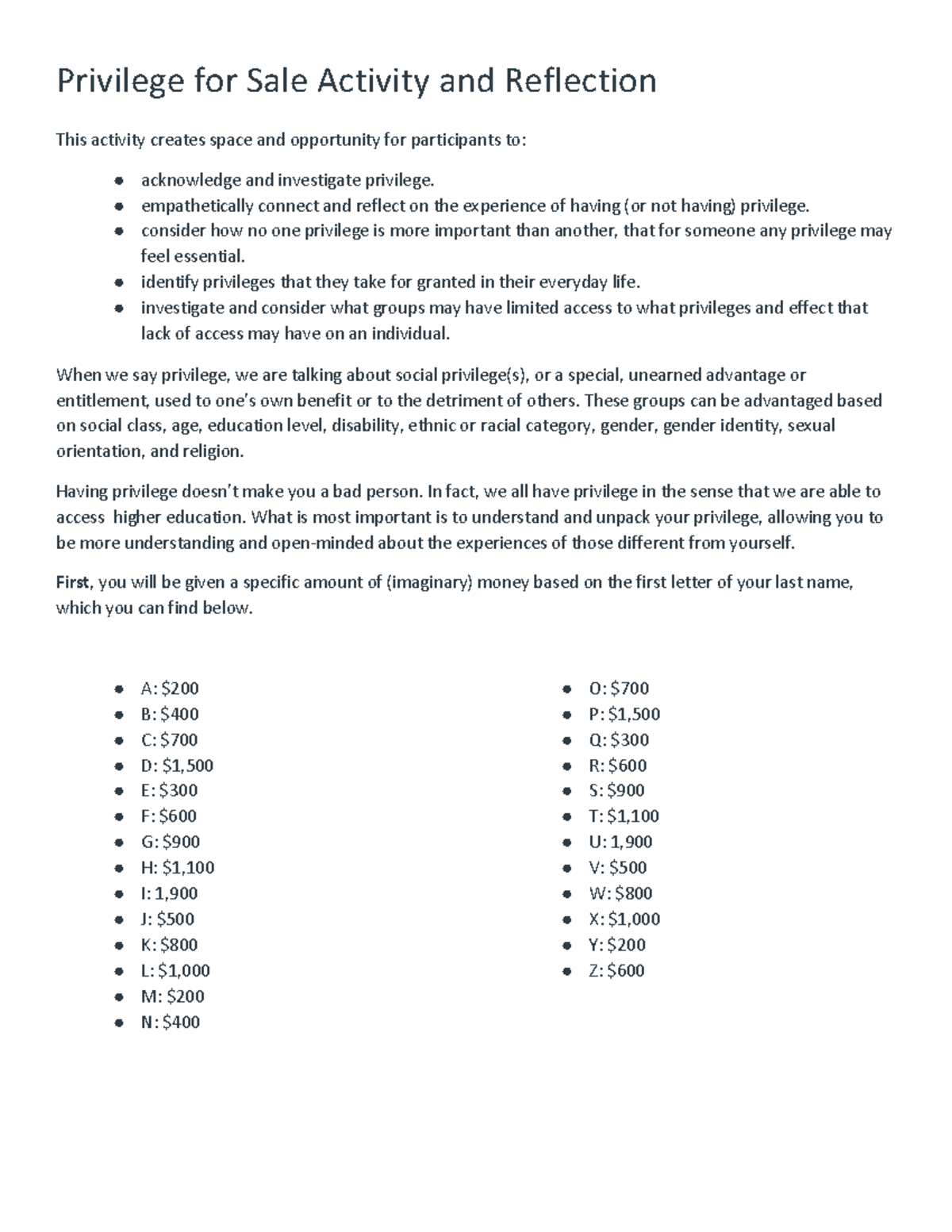 Privilege for Sale Activity and Reflection - Studocu