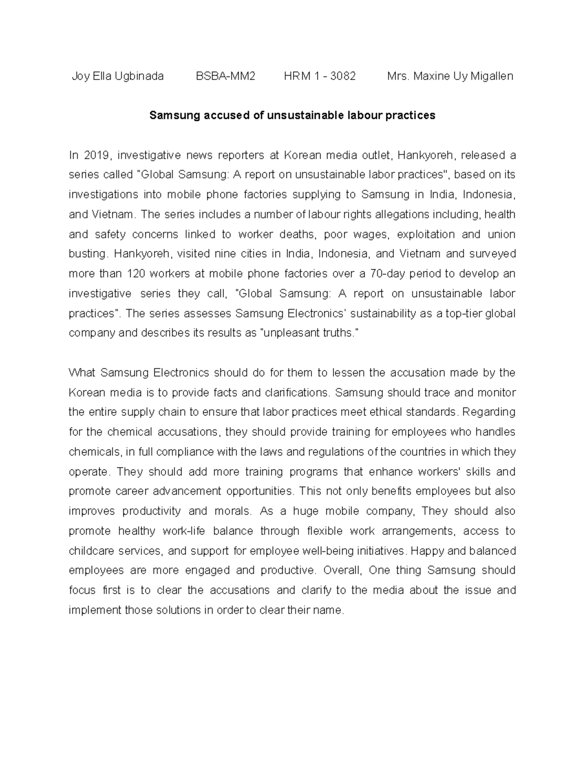 HRM employee grievances - Joy Ella Ugbinada BSBA-MM2 HRM 1 - 3082 Mrs ...