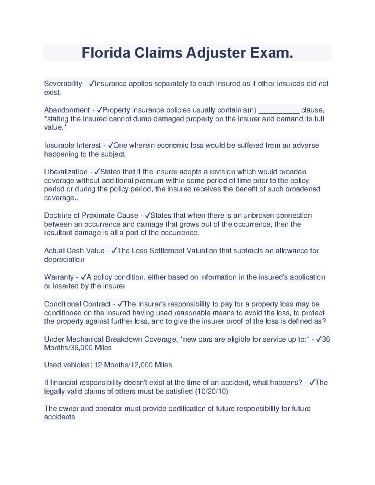 Florida Claims Adjuster Exam - Severability - Insurance applies ...