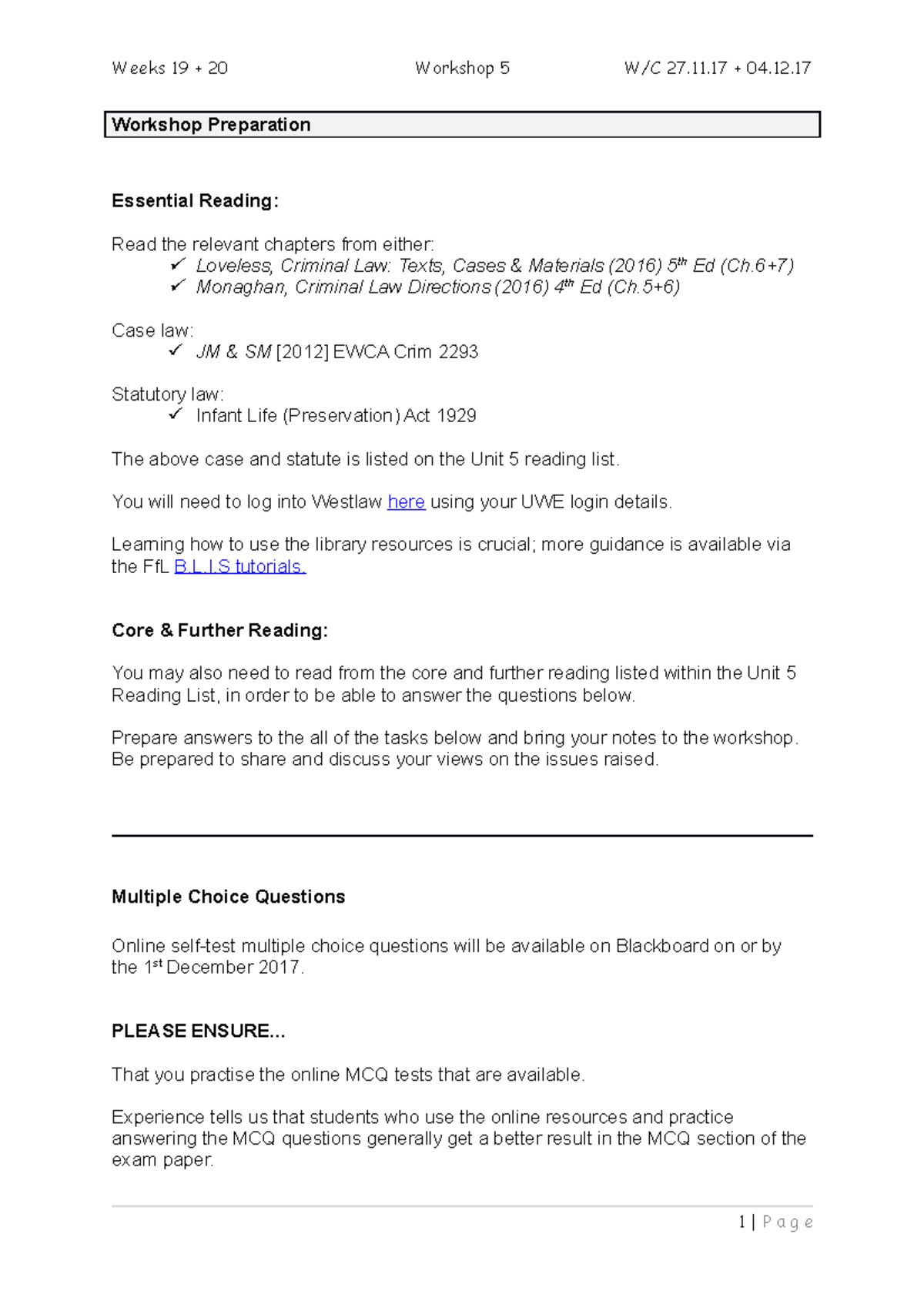 Unit 5 Workshop 5 1718 - Workshop Preparation Essential Reading: Read ...