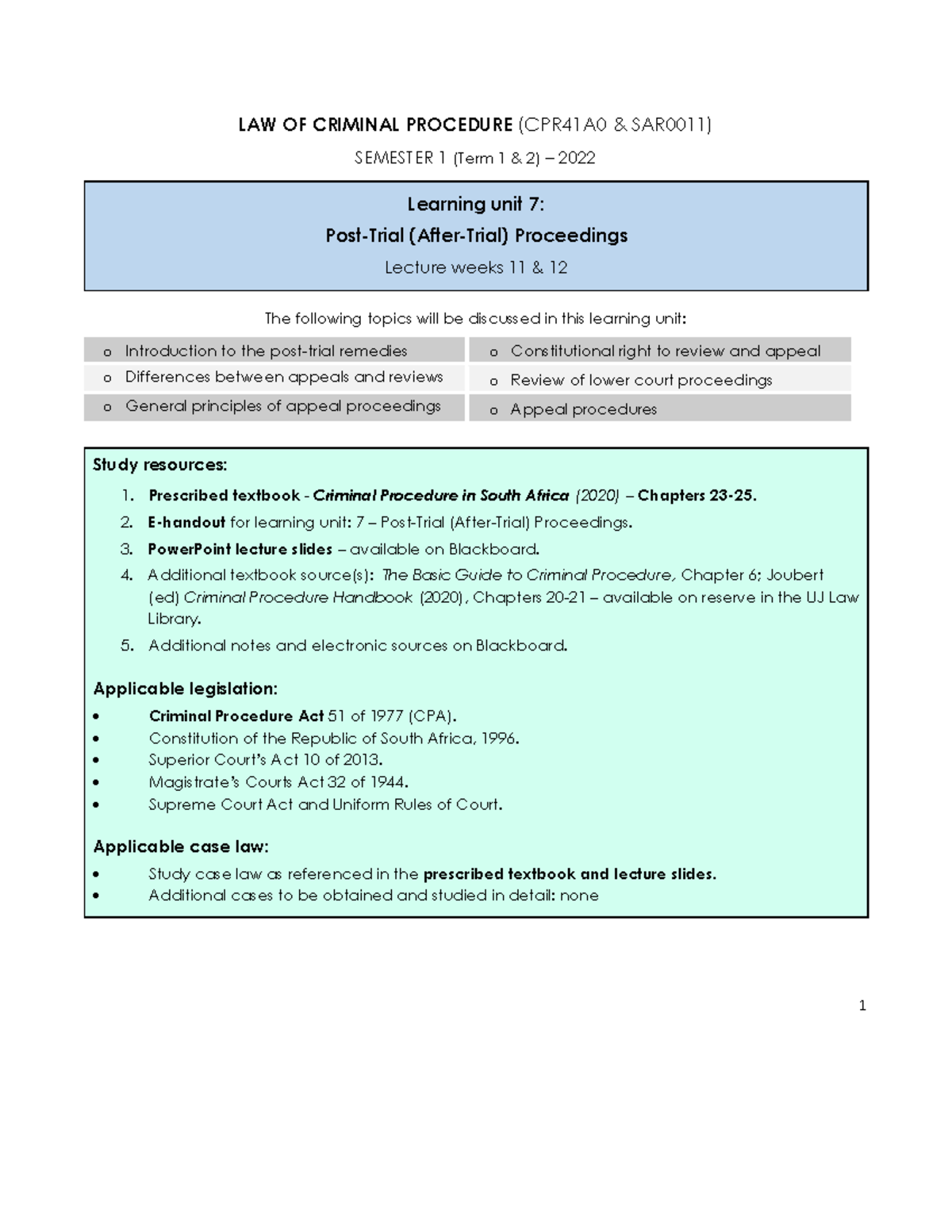 Unit 7. Learning guide 2022 - LAW OF CRIMINAL PROCEDURE (CPR41A0 ...