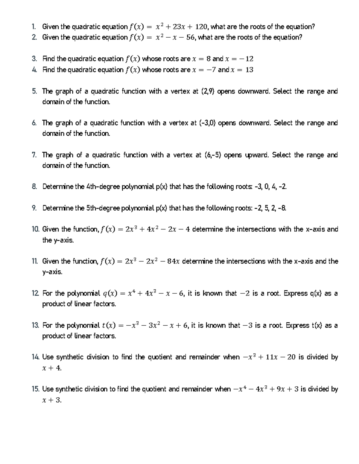 Final TEST Guide MATH 4 (PART 2) - 1. Given the quadratic equation ...