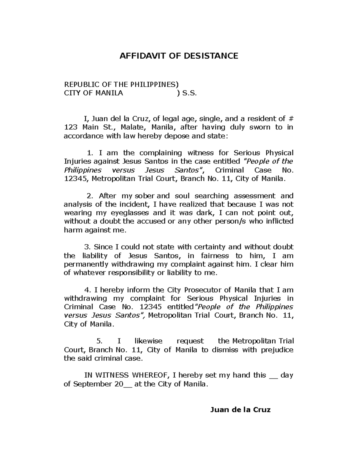 Affidavit of Desistance - AFFIDAVIT OF DESISTANCE REPUBLIC OF THE ...