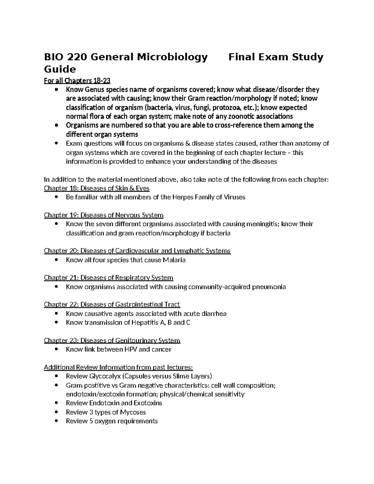 BIO 220 Final Exam Study Guide - BIO 220 General Microbiology Final ...