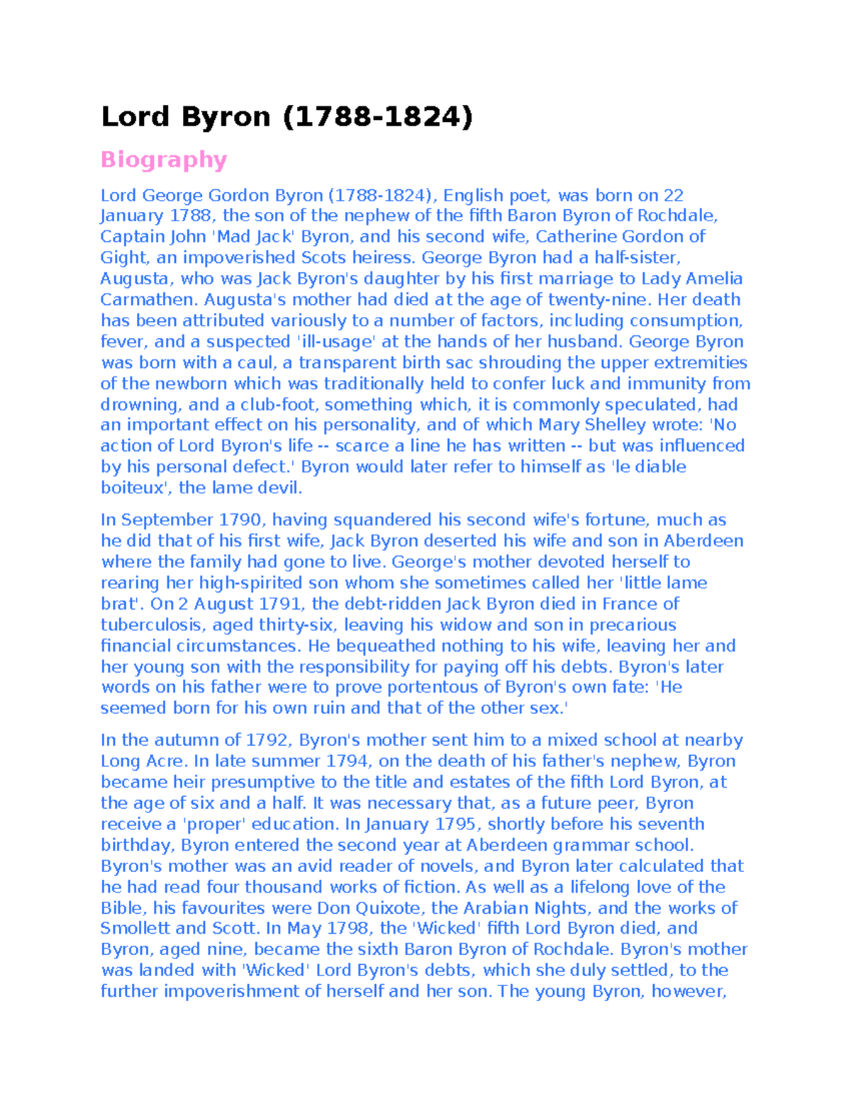 Lit Inglesa II - 4. Lord Byron - Biography and Analysis - Lord Byron ...