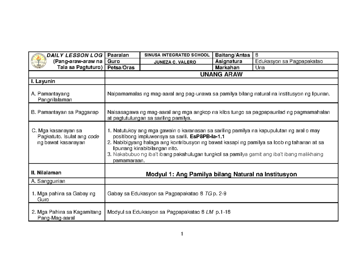DLL ESP 8 Modyul 1 - module - DAILY LESSON LOG (Pang-araw-araw na Tala ...