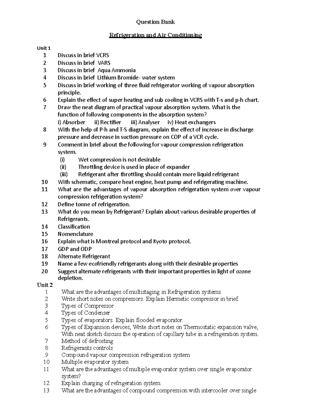 Rac-question-bank - lecture notes - Question Bank Refrigeration and Air ...