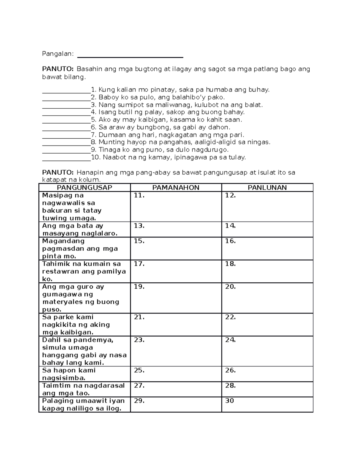 Filipino 8 Examination - Pangalan: PANUTO: Basahin ang mga bugtong at ...