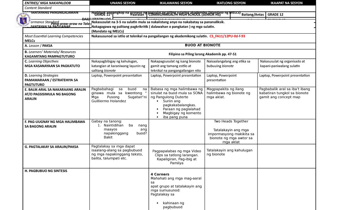 DLL Filar (WEEK 6) - goods - GRADE 11 DAILY LESSON LOG Pang-araw-araw ...