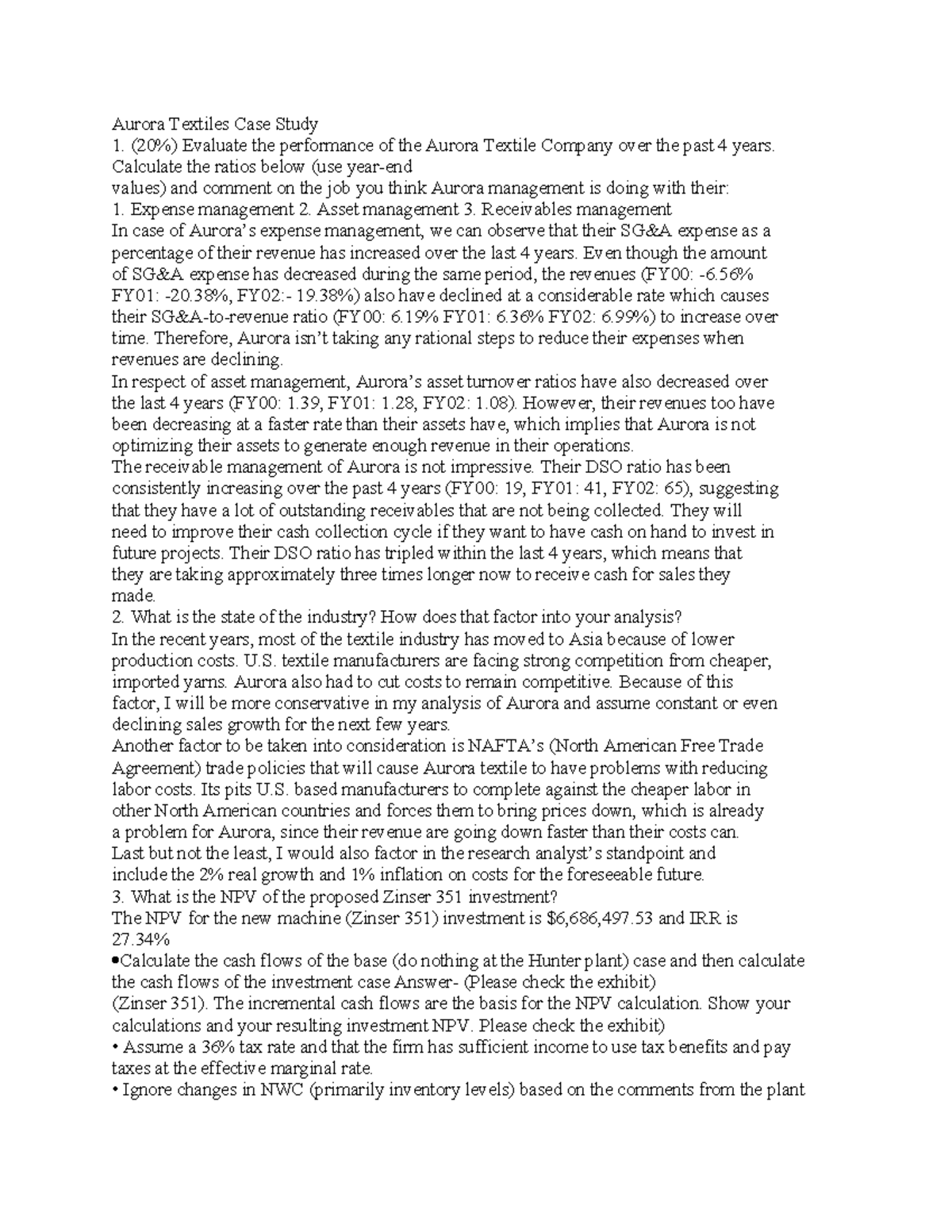 Aurora Textiles Case Study - Aurora Textiles Case Study (20%) Evaluate the performance of the ...