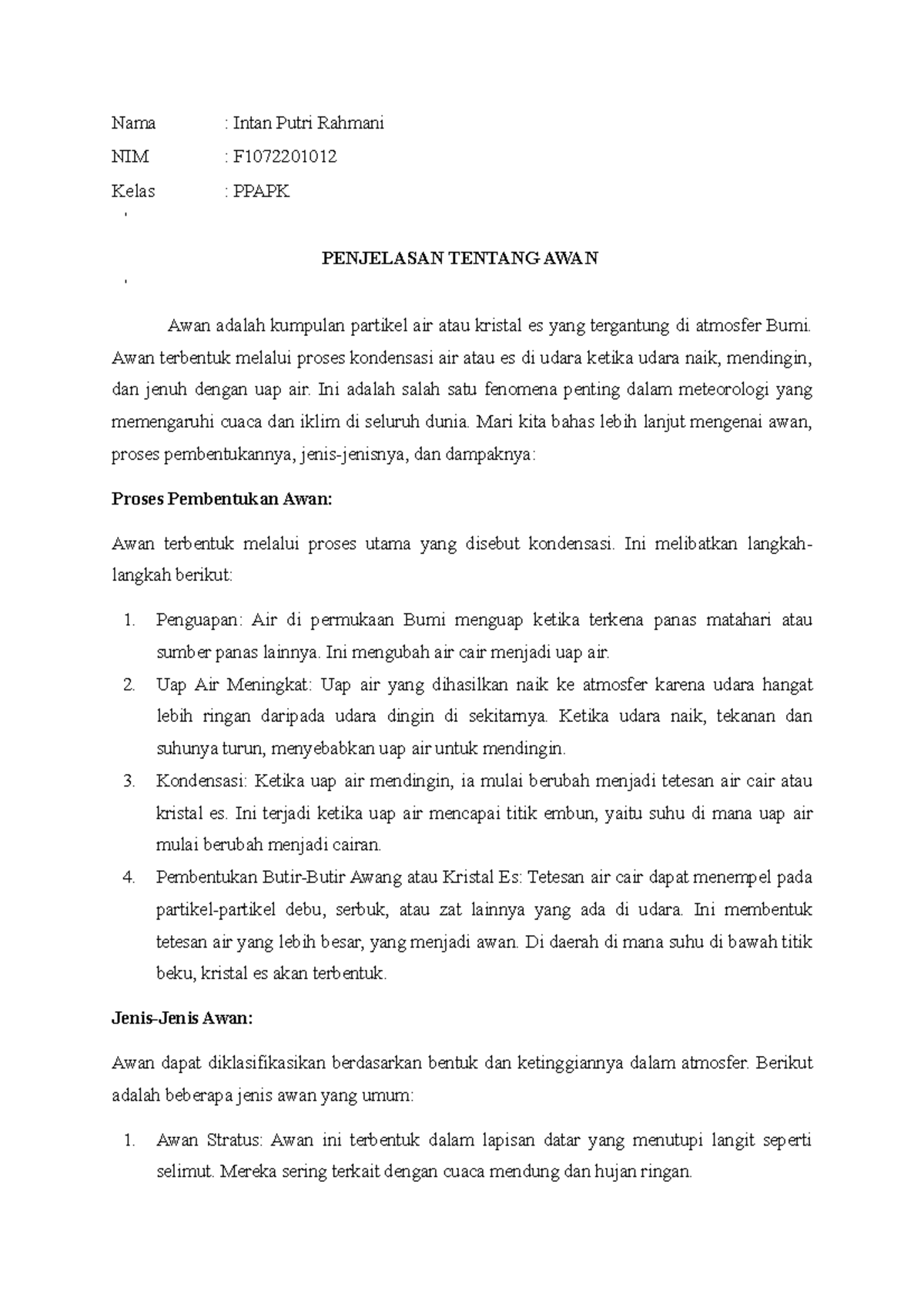 Tugas Klimatologi F10722010 12 Intan - Nama : Intan Putri Rahmani NIM ...