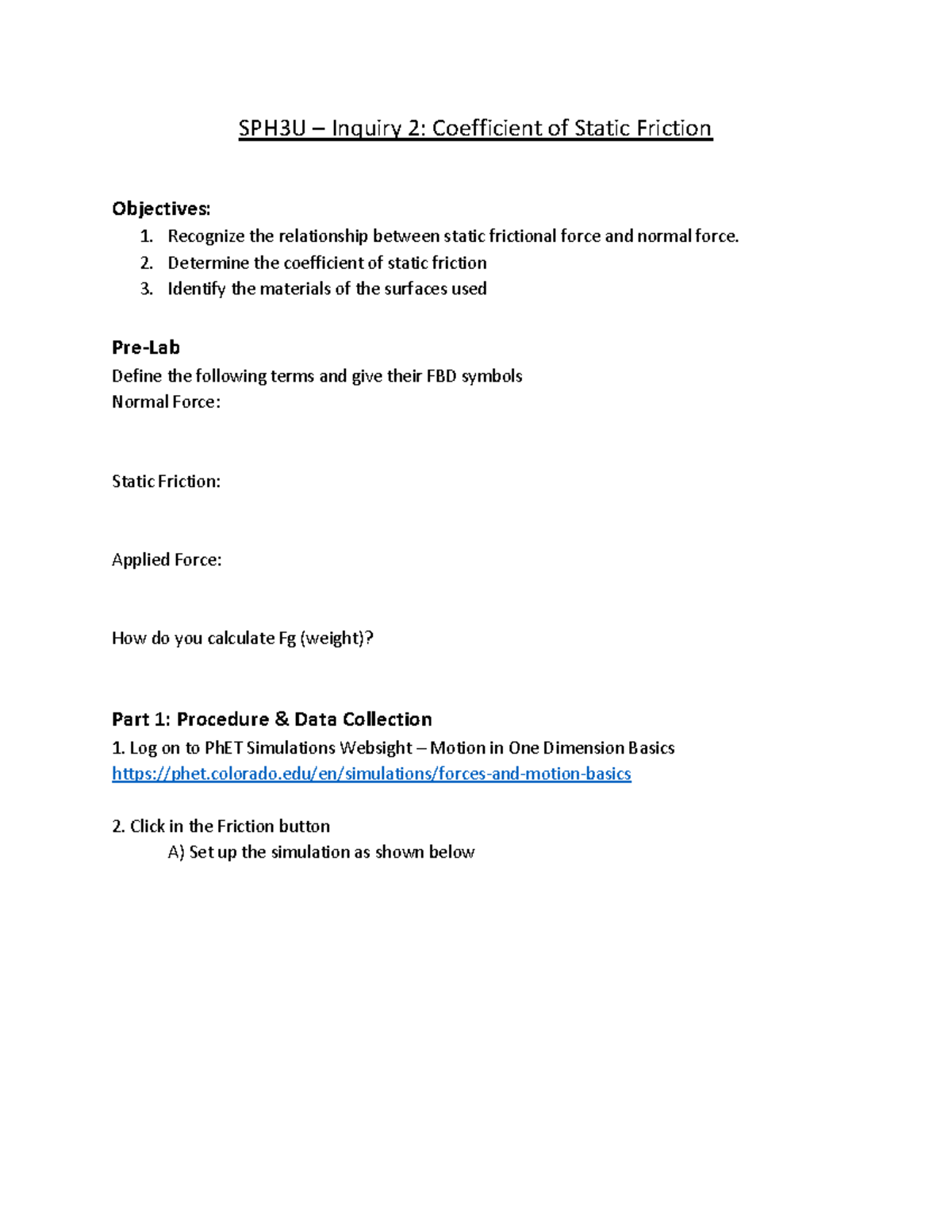Force Of Friction Phet Lab Sph3u Inquiry 2 Coefficient Of Static