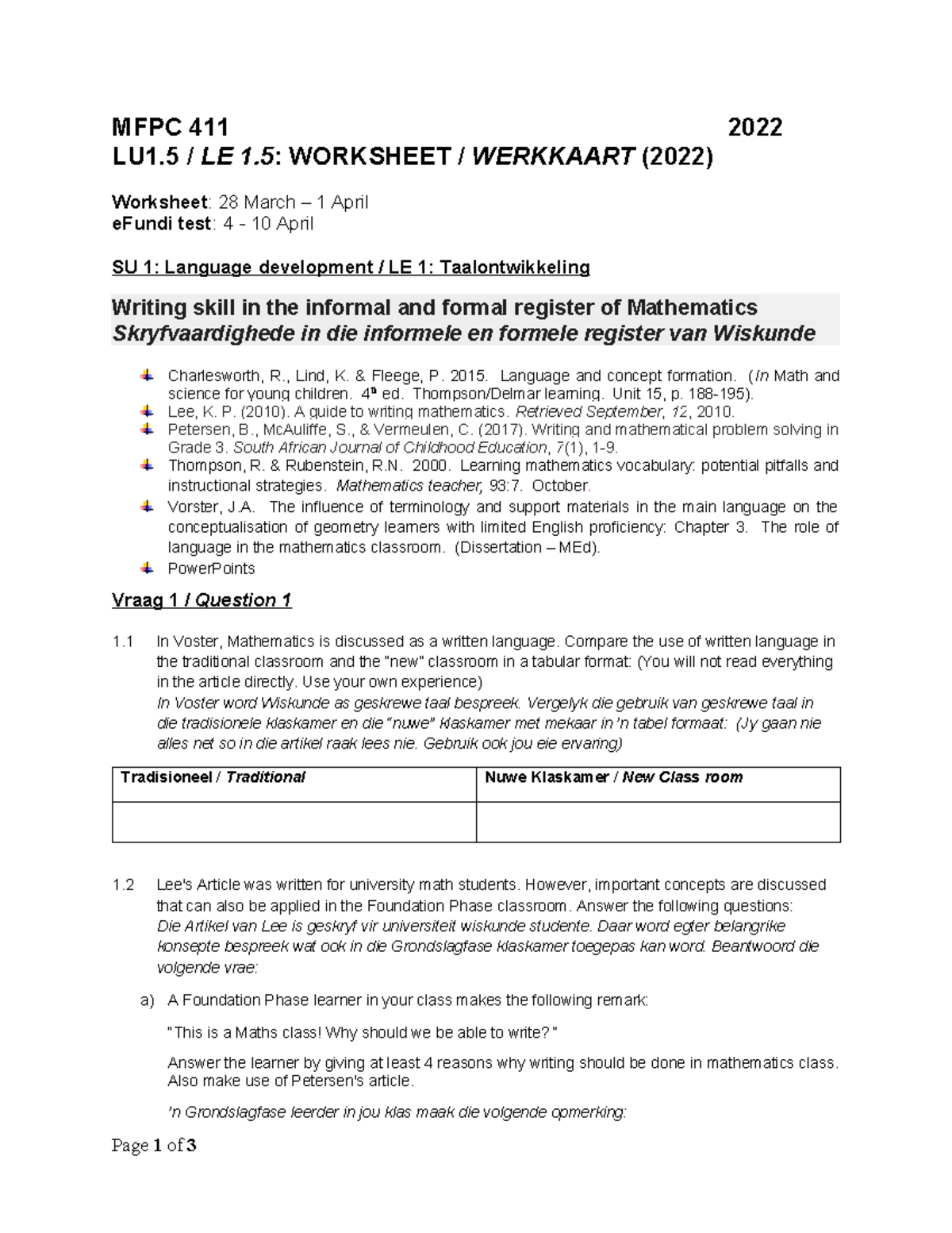 2022 - MFPC 411 - LU 1-5 Worksheet Final - MFPC 411 2022 LU1 / LE 1: WORKSHEET / WERKKAART (2022 ...