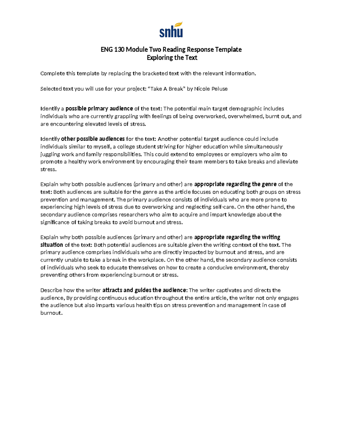 ENG 130 Module Two Reading Response - Selected text you will use for ...