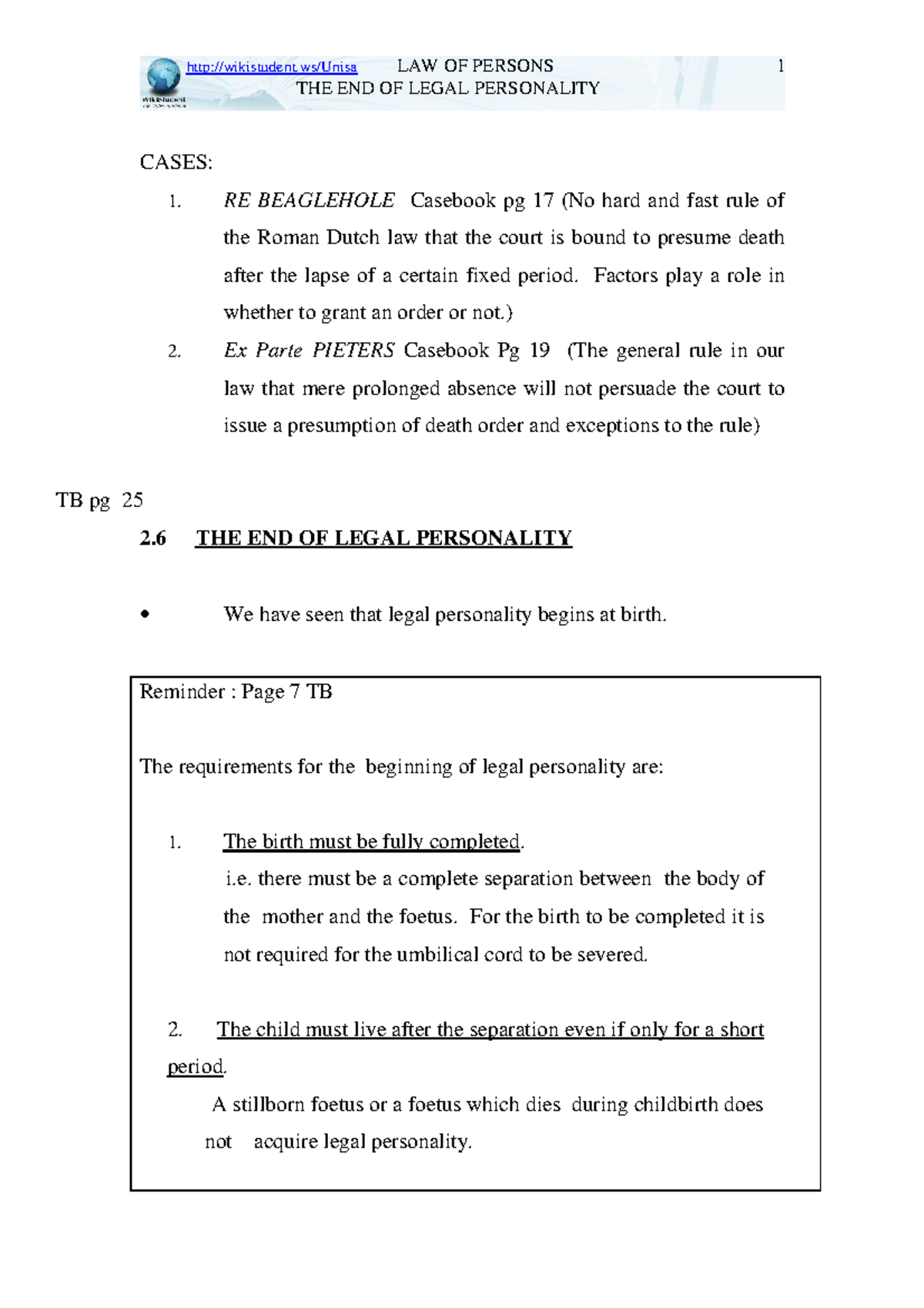 PVL101Q-UNIT4 - Notes - THE END OF LEGAL PERSONALITY CASES: RE ...