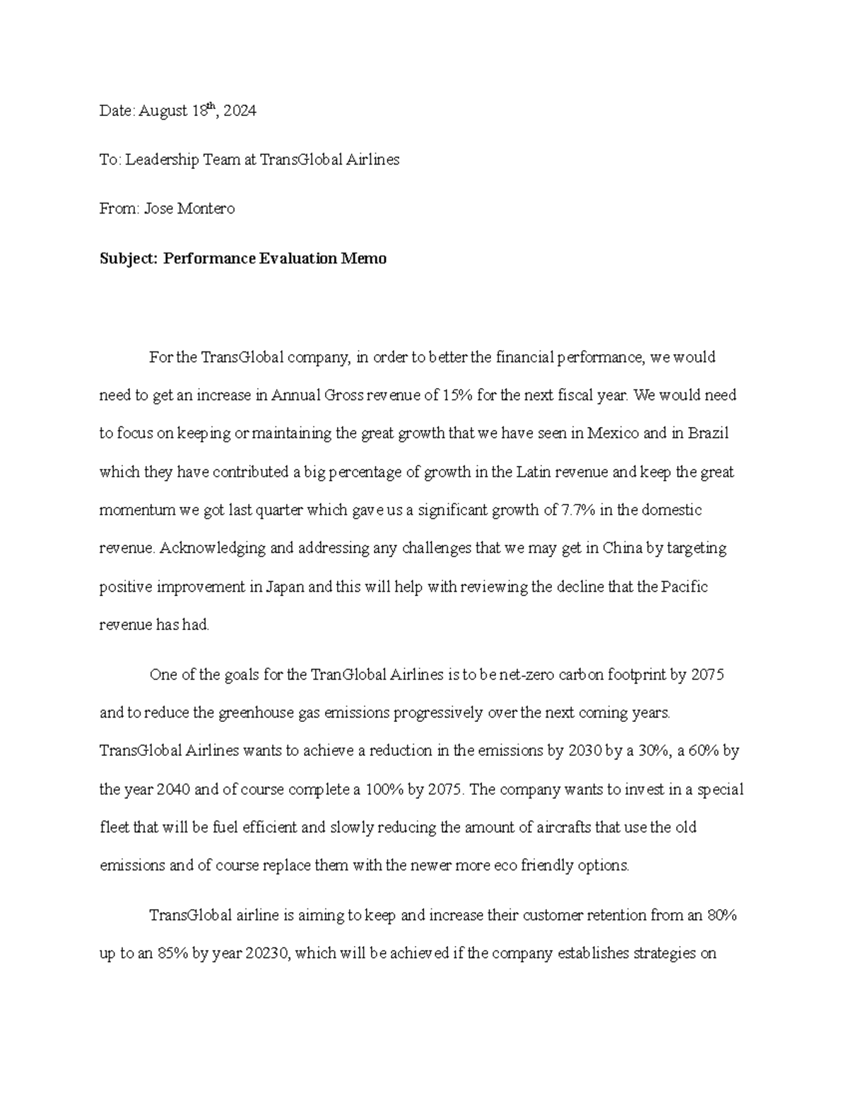 2-2 Performance Evaluation Memo - Date: August 18th, 2024 To ...