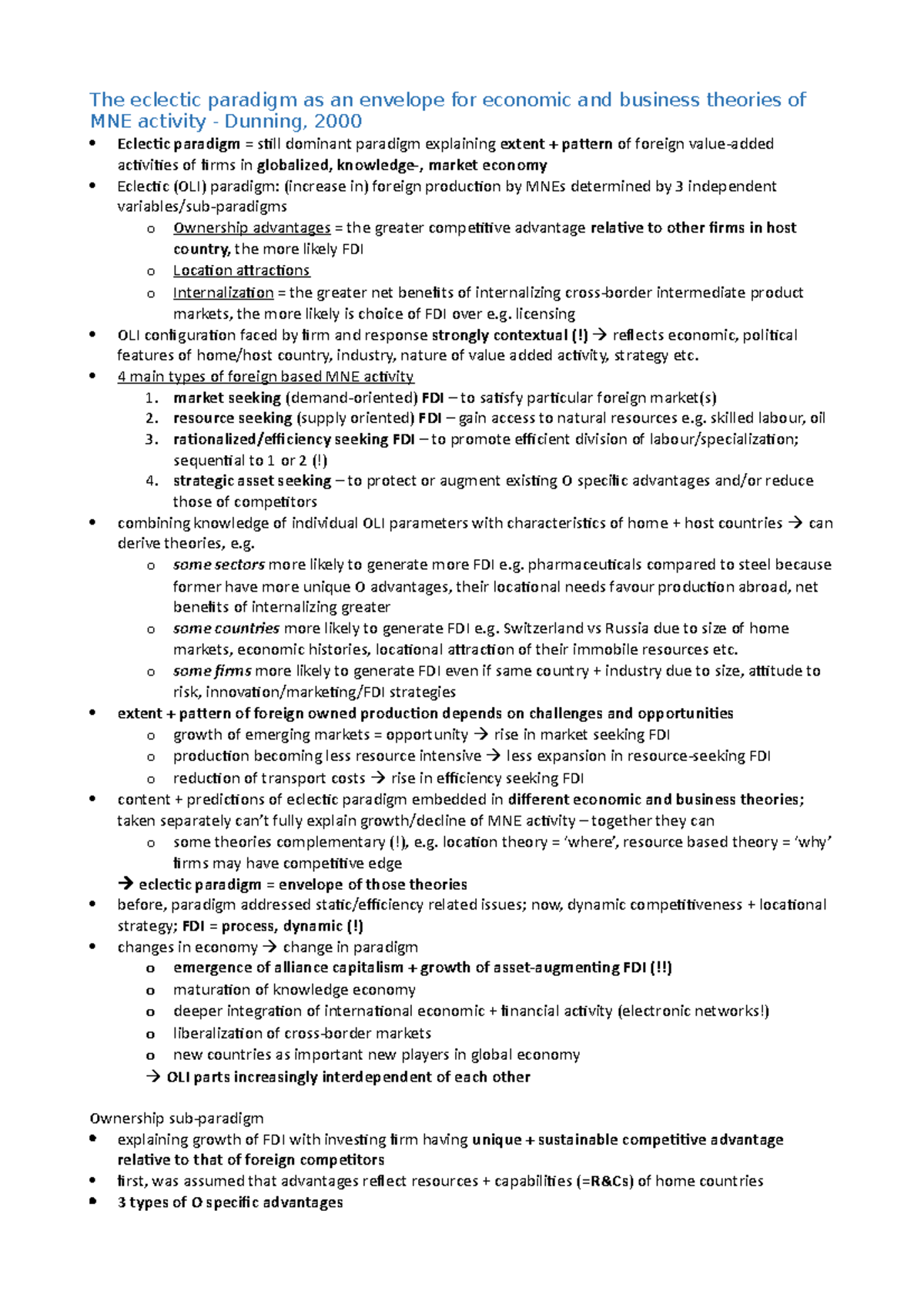 International Business - Dunning OLI notes - The eclectic paradigm as ...