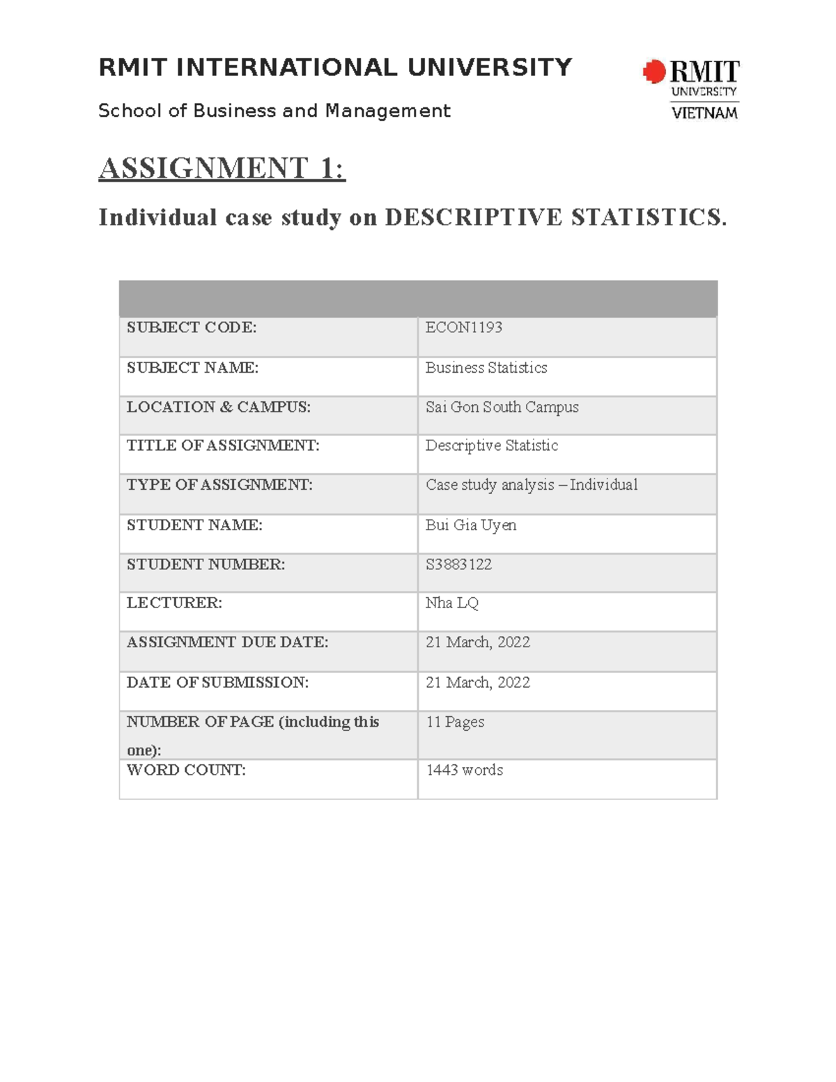 Assignment 1 - ECON1193 A - Descriptive Analysis - RMIT INTERNATIONAL ...