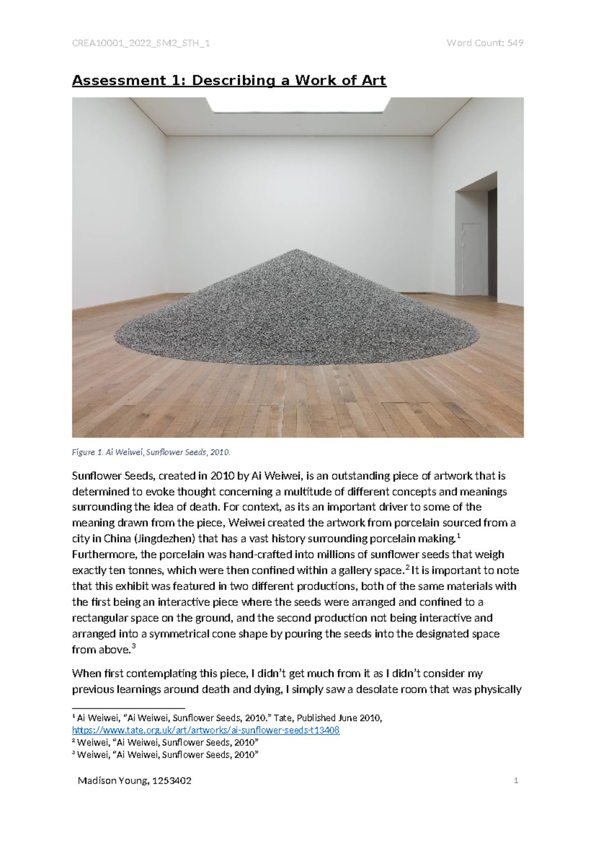 Assessment 1 Describing a Work of Art - Ai Weiwei, Sunflower Seeds ...