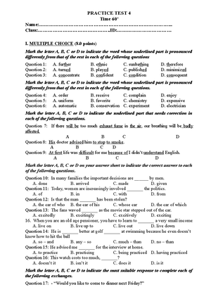 De2 - đề hay - PRACTICE TEST 2 Time 60’ - Studocu