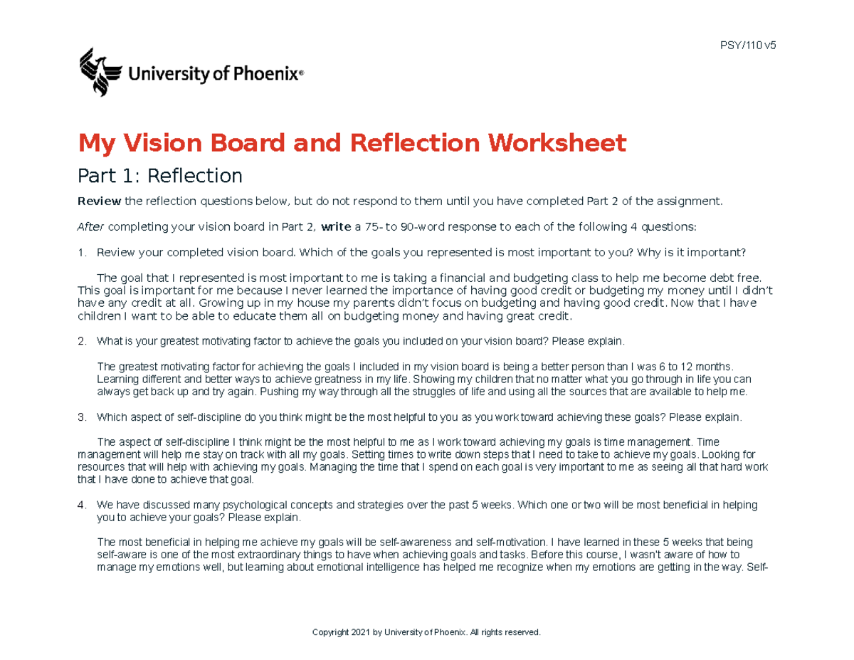 Psy110 v5 wk5 my vision board and reflection worksheet - PSY/110 v My ...