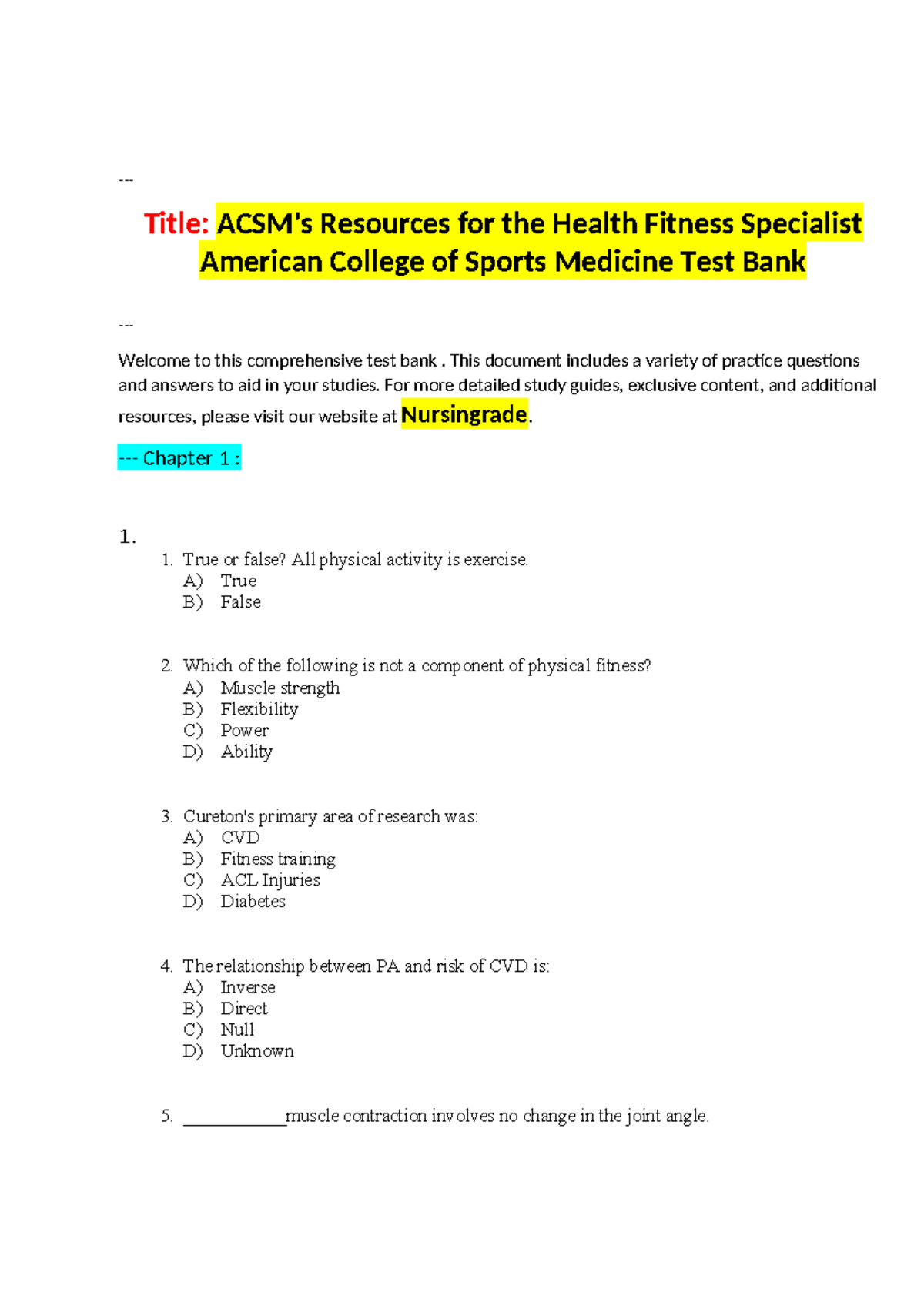 ACSM's Resources for the Health Fitness Specialist American College of ...