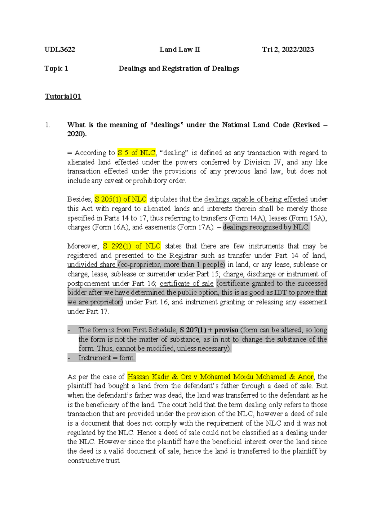 Land Law II (Tuto Topic 1) - UDL3622 Land Law II Tri 2, 2022/ Topic 1 Dealings and Registration ...