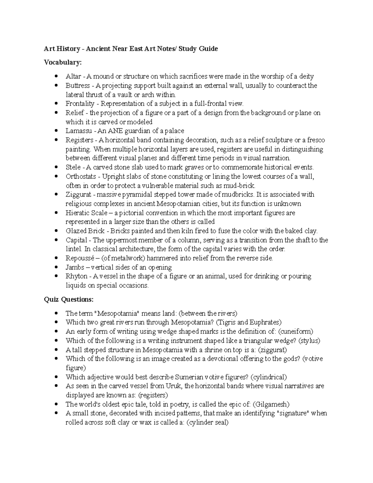 Art History Ancient Near East Art Study Guide Vocabulary - Studocu