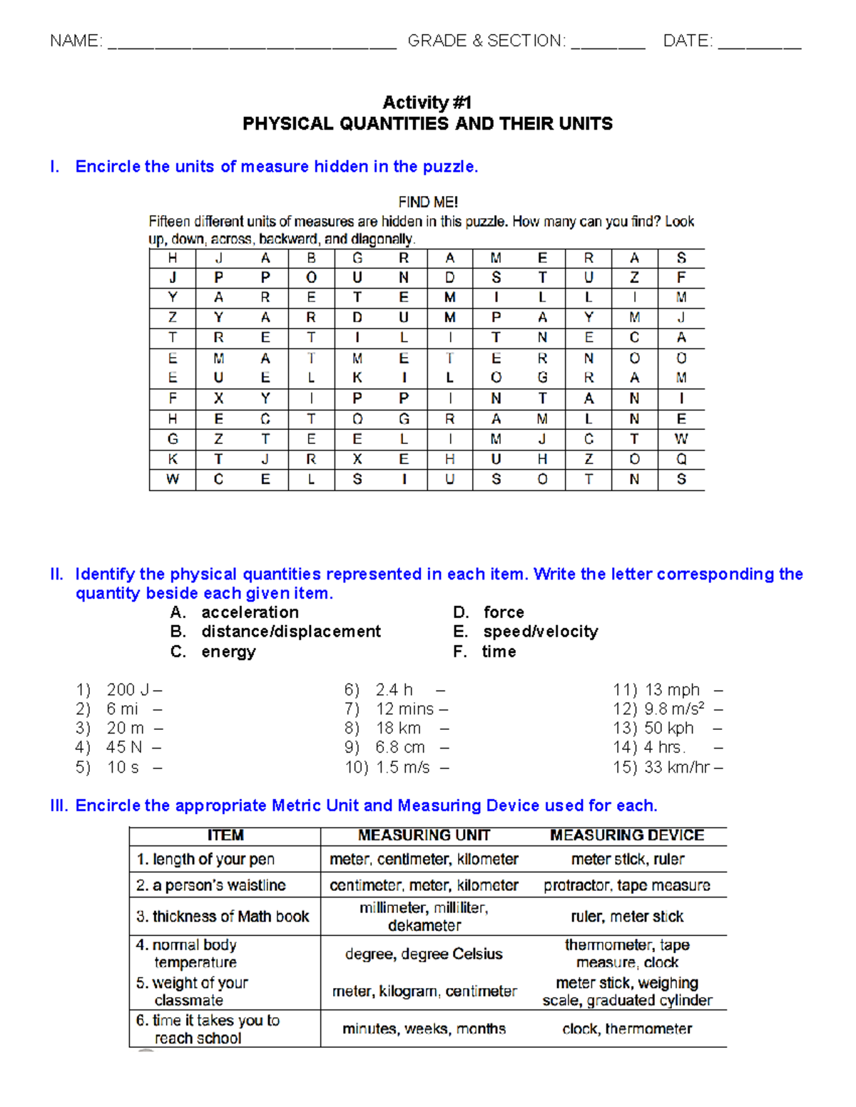 Activity #1 - NAME: _______________________________ GRADE & SECTION: ________ DATE ...