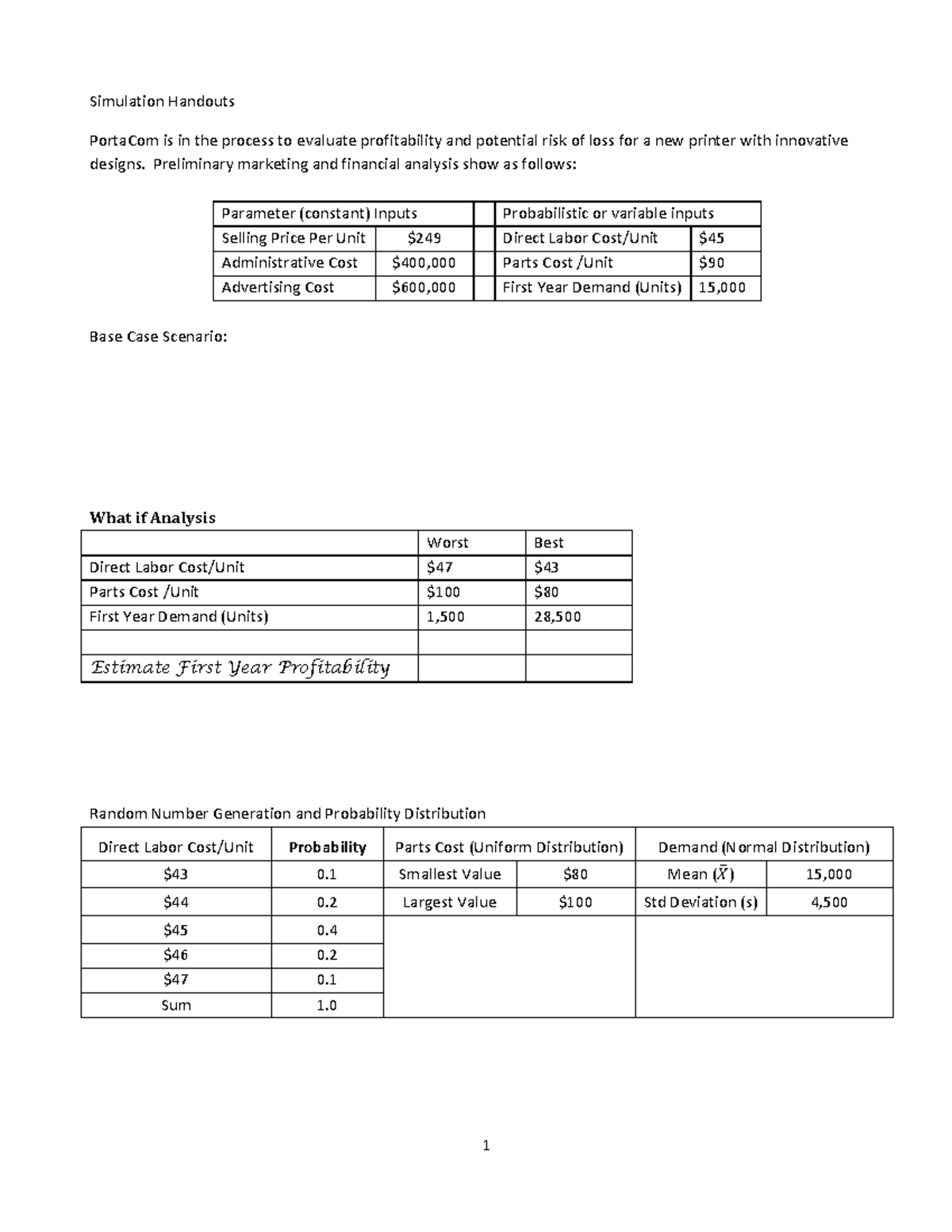 Simulation handouts base case scenario what if analysis - Simulation ...