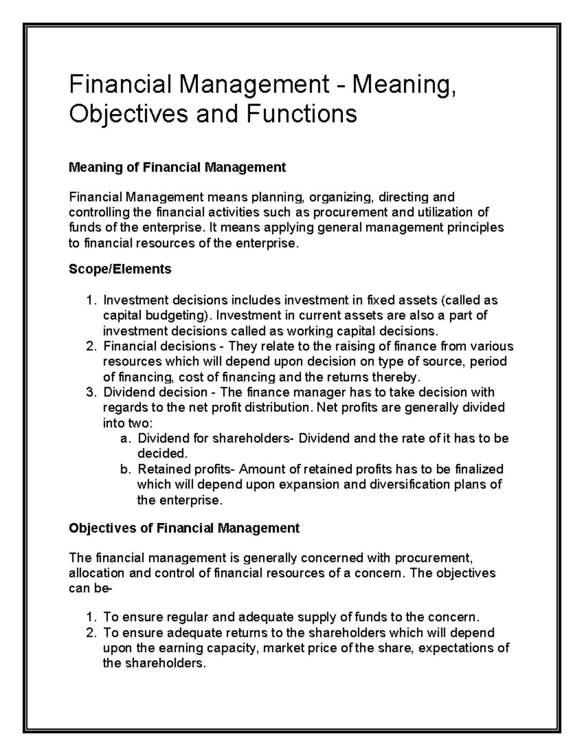 Financial Management . Meaning of financial management, scope or ...