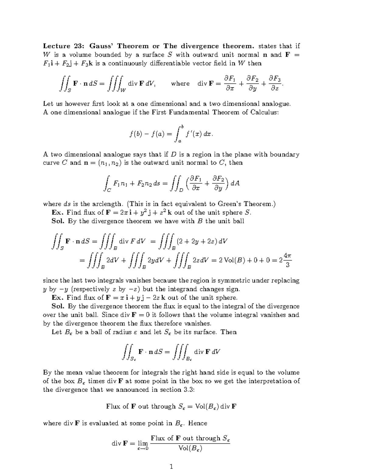 L23 - experiment - Lecture 23: Gauss’ Theorem or The divergence theorem ...