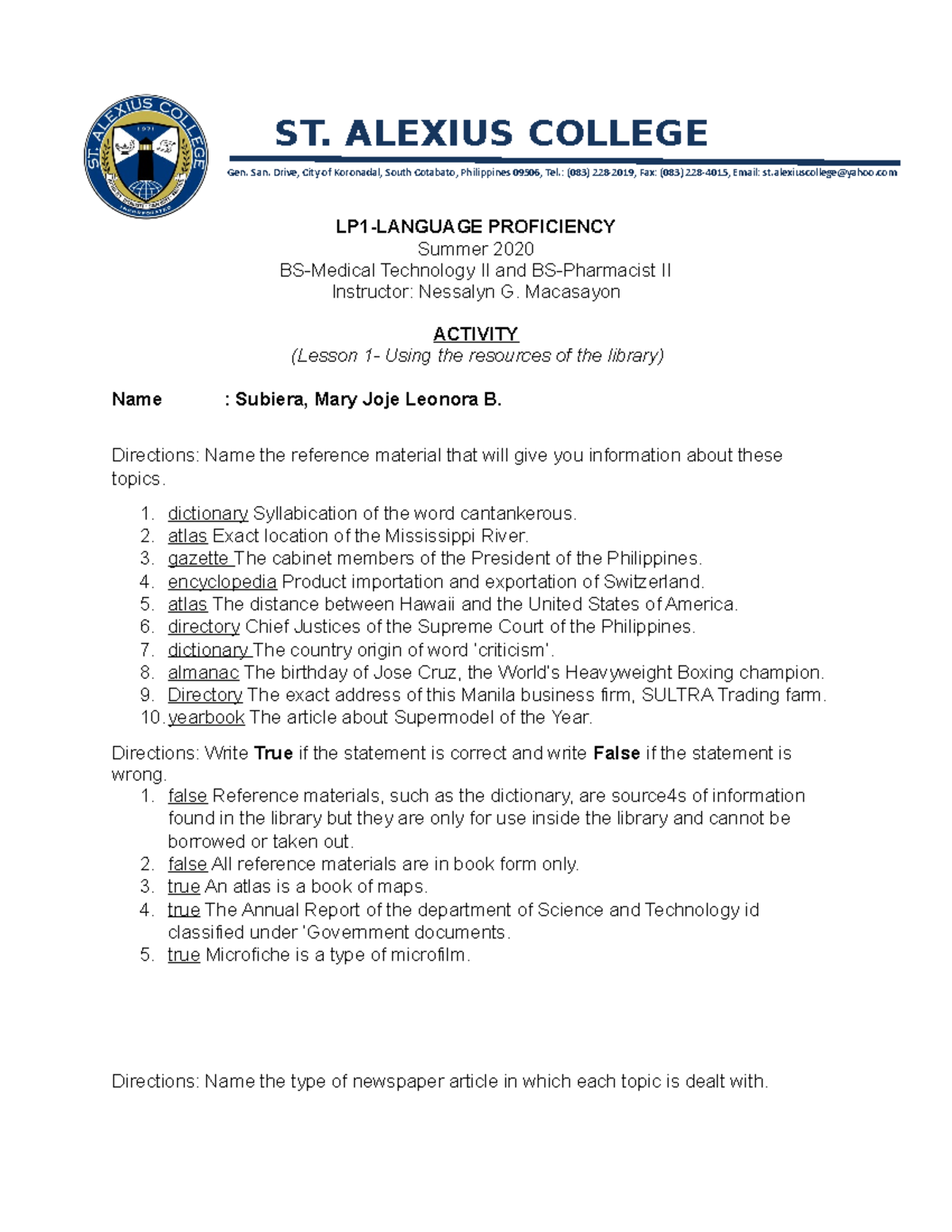 Mary Joje Leonora Subiera - week-1-worksheet - ST. ALEXIUS COLLEGE LP1 ...