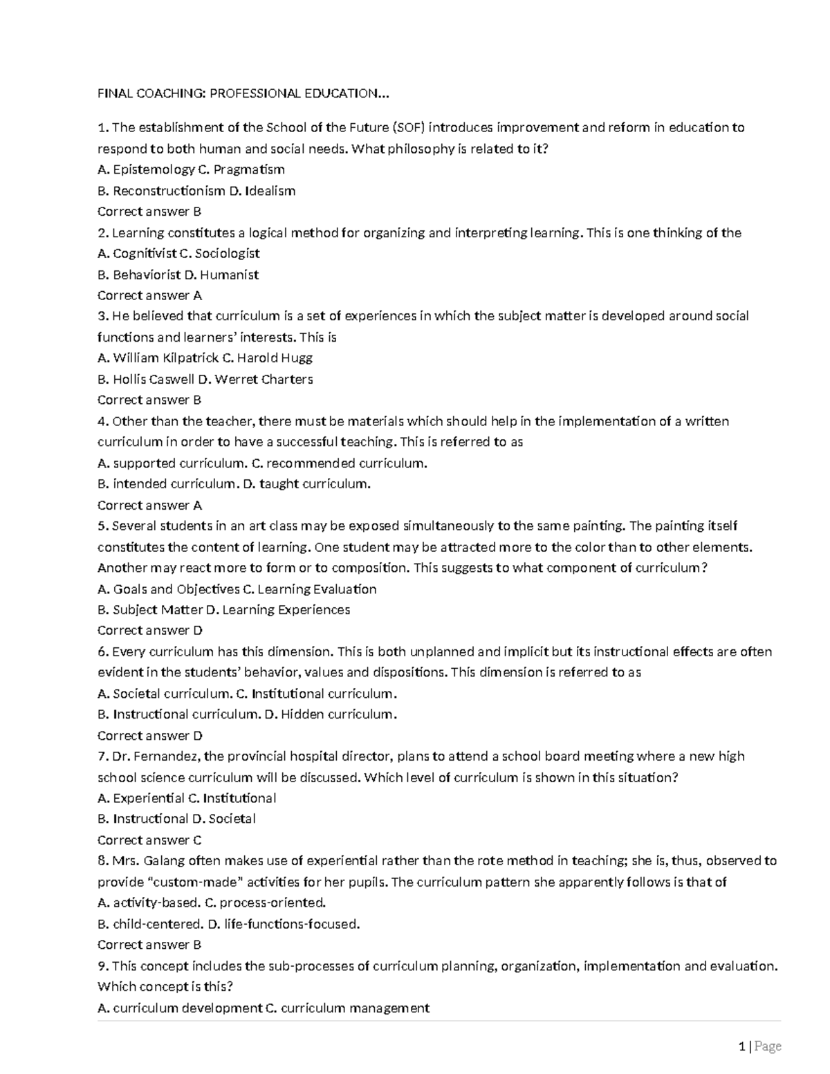 √ Final Coaching September 2019 - FINAL COACHING: PROFESSIONAL EDUCATION... 1. The establishment ...